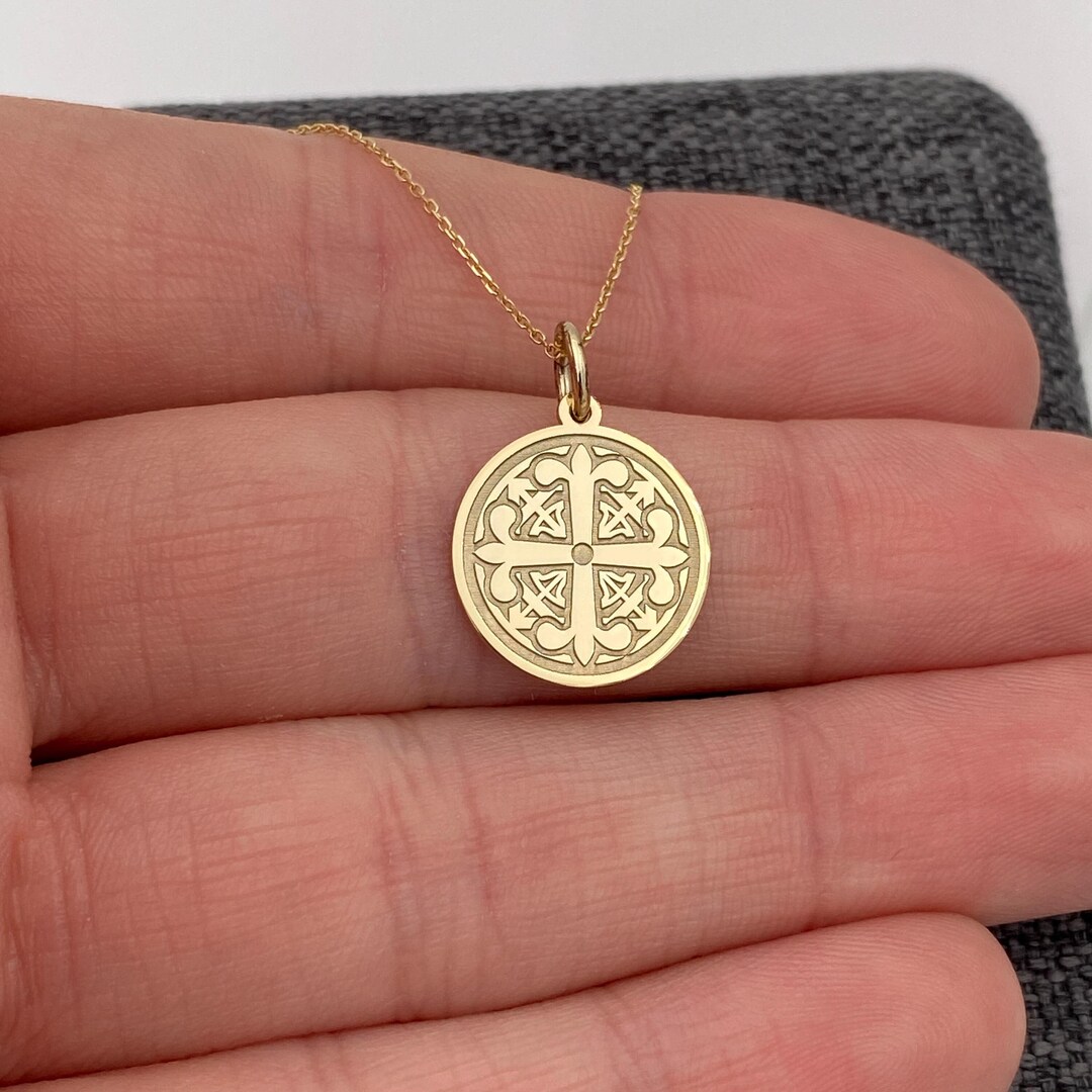 14k Solid Gold Fleury Cross Pendant Necklace - Etsy