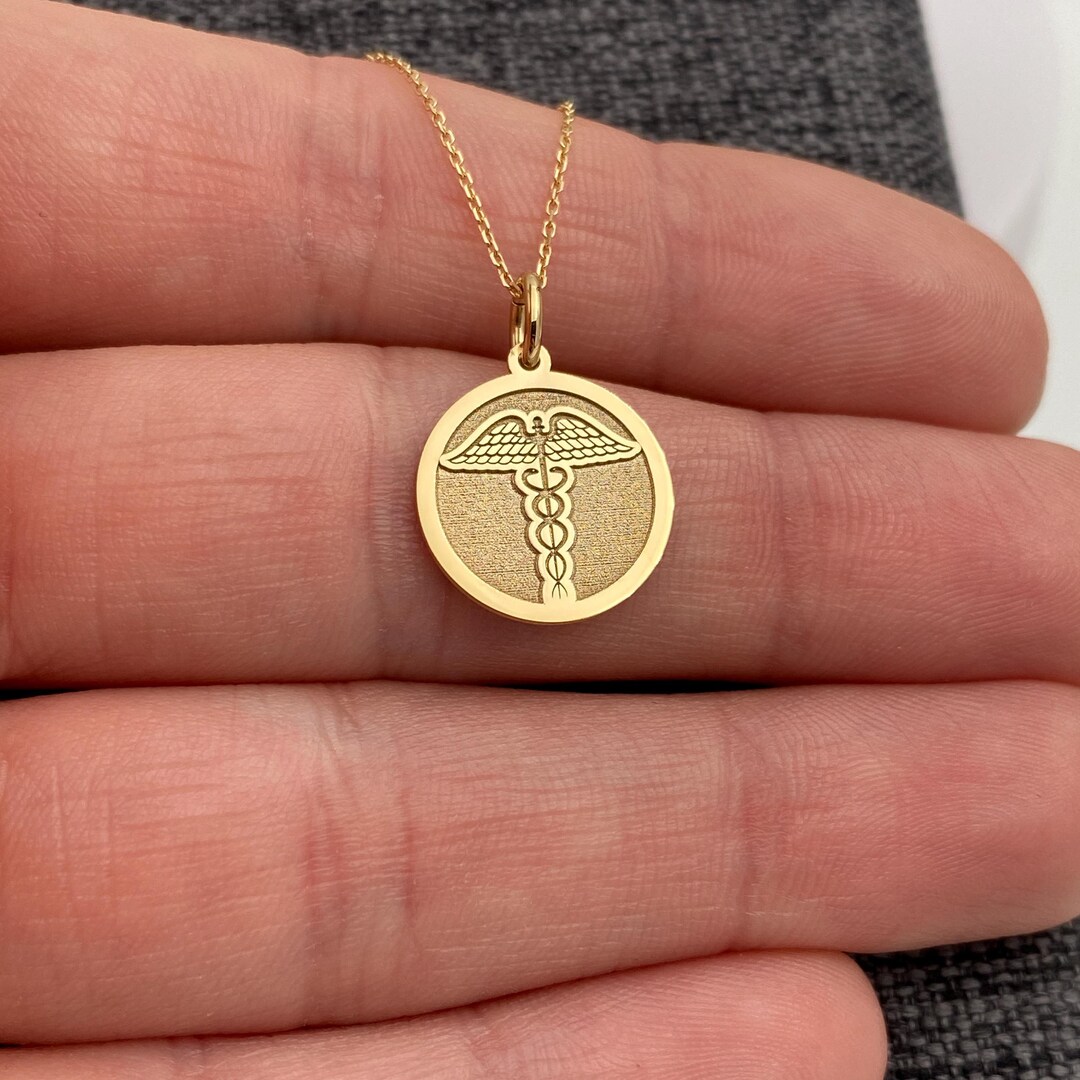 14k Solid Gold Caduseus Pendant, Personalized Caduseus Symbol Necklace ...