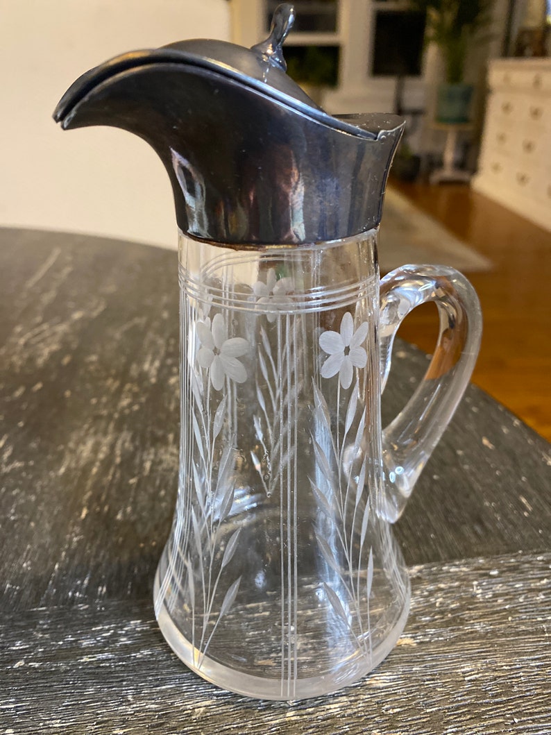 Antique Etched Glass Syrup Pitcher With Hinged... - Etsy