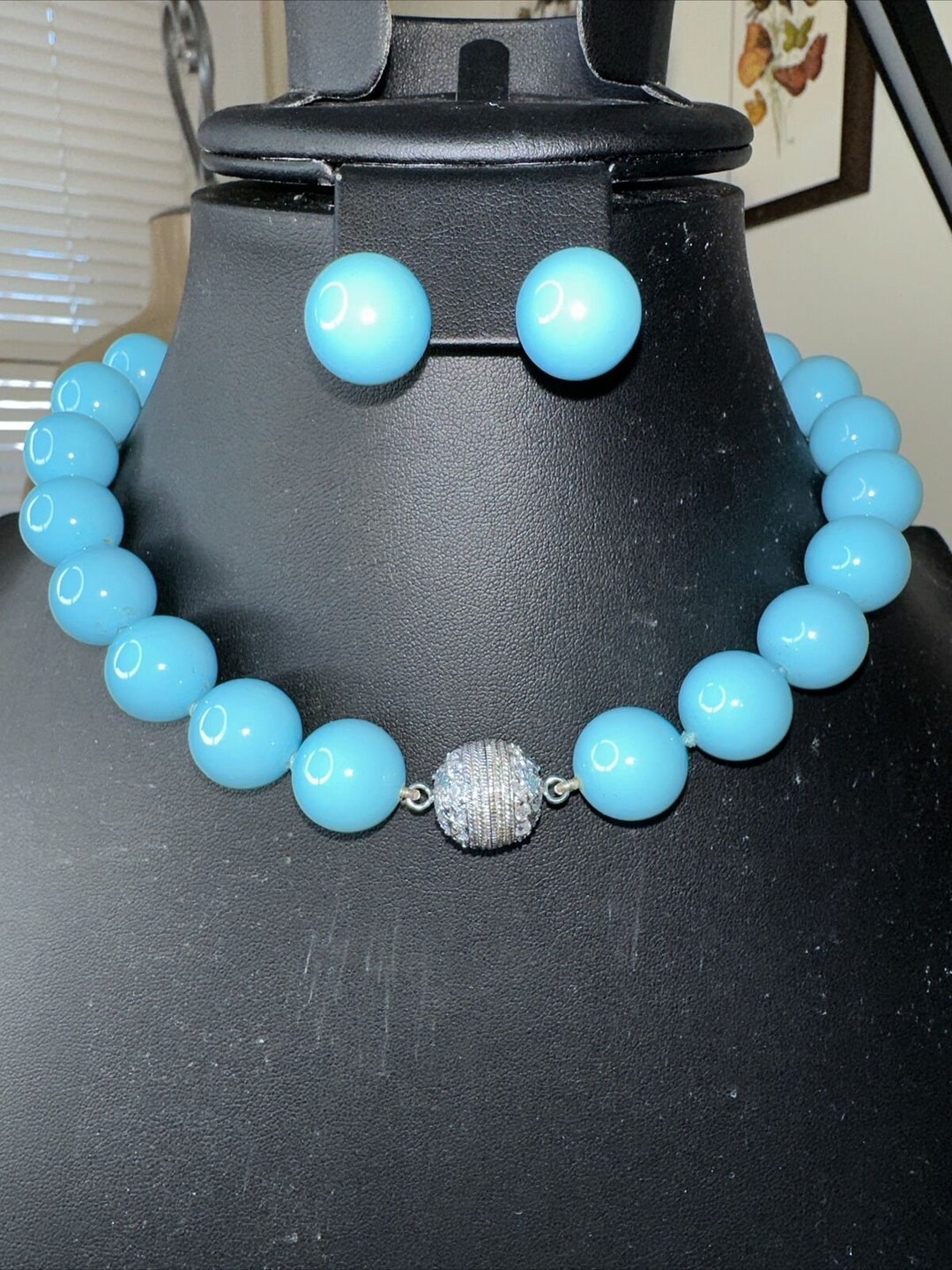 Set Turquoise Colored Lucite Bead Necklace Earrings Rhinestone Bead ...