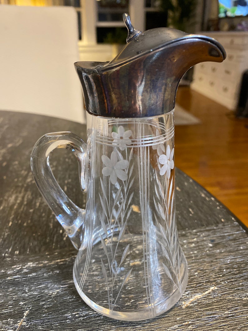 Antique Etched Glass Syrup Pitcher With Hinged... - Etsy