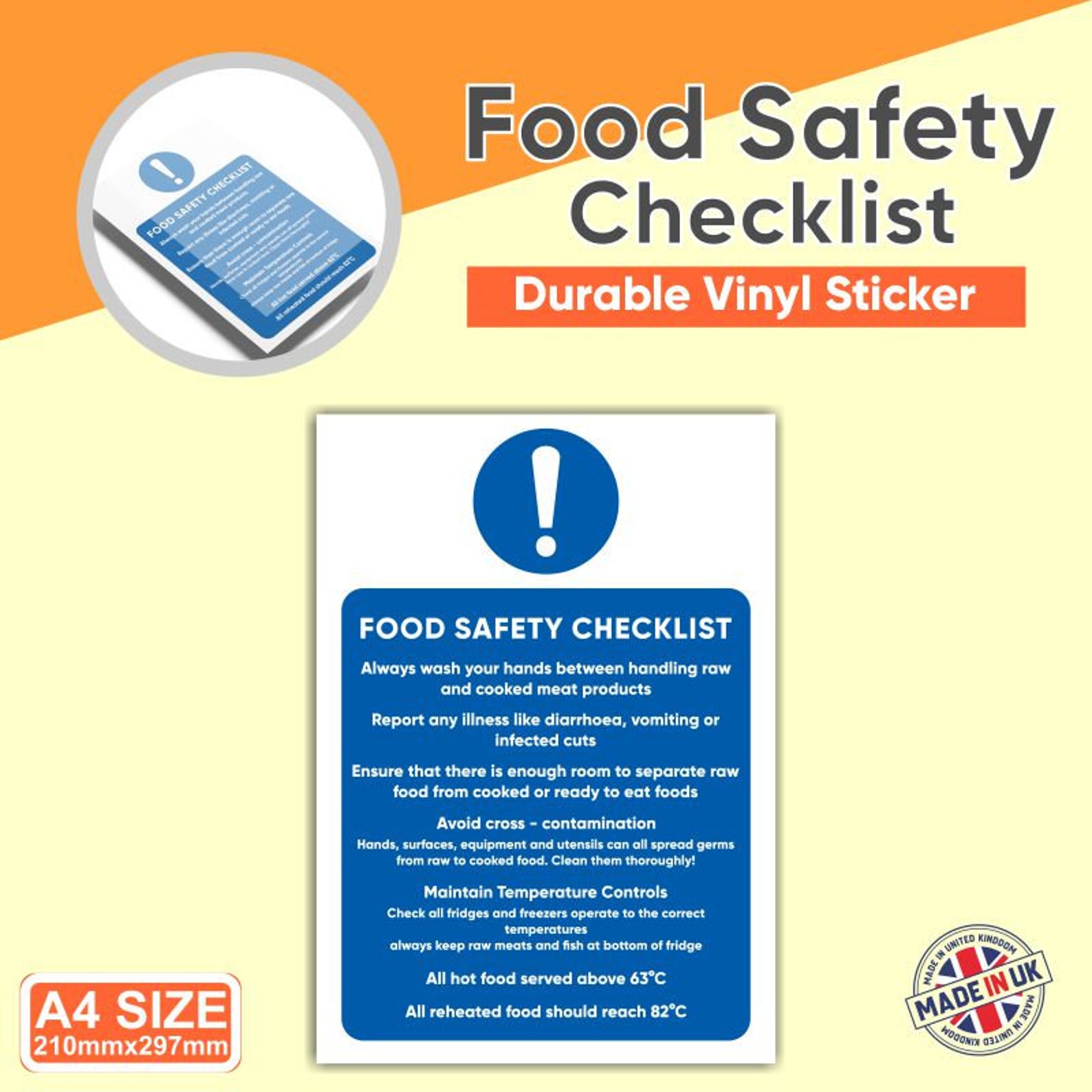 A4 Food Safety Checklist, Safety Temperatures, Prevent Cross ...