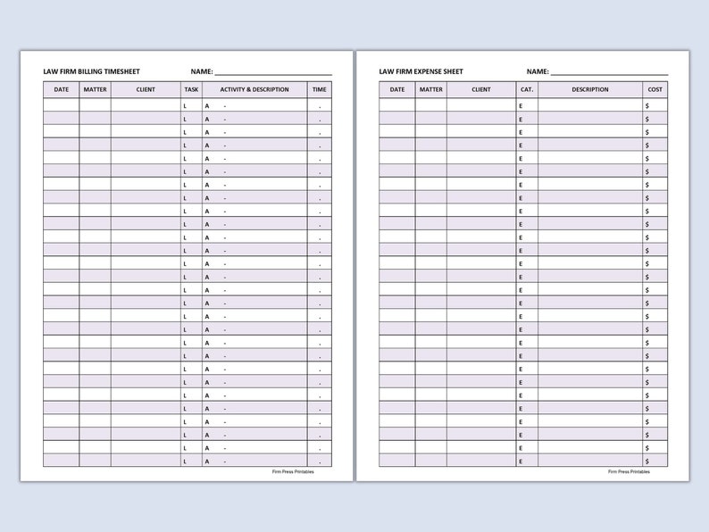 Attorney Timesheet Lawyer Time Sheet Legal Time Tracker Law Firm Time ...