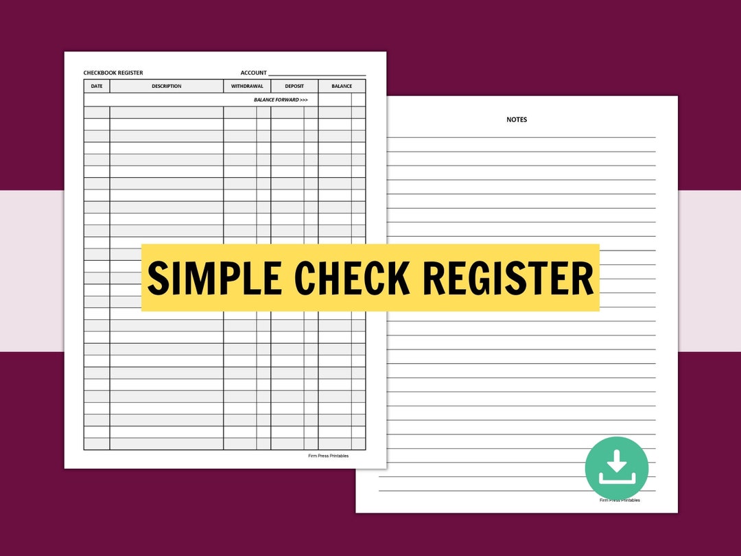 Simple Check Register Printable Checkbook Register Checking Account ...