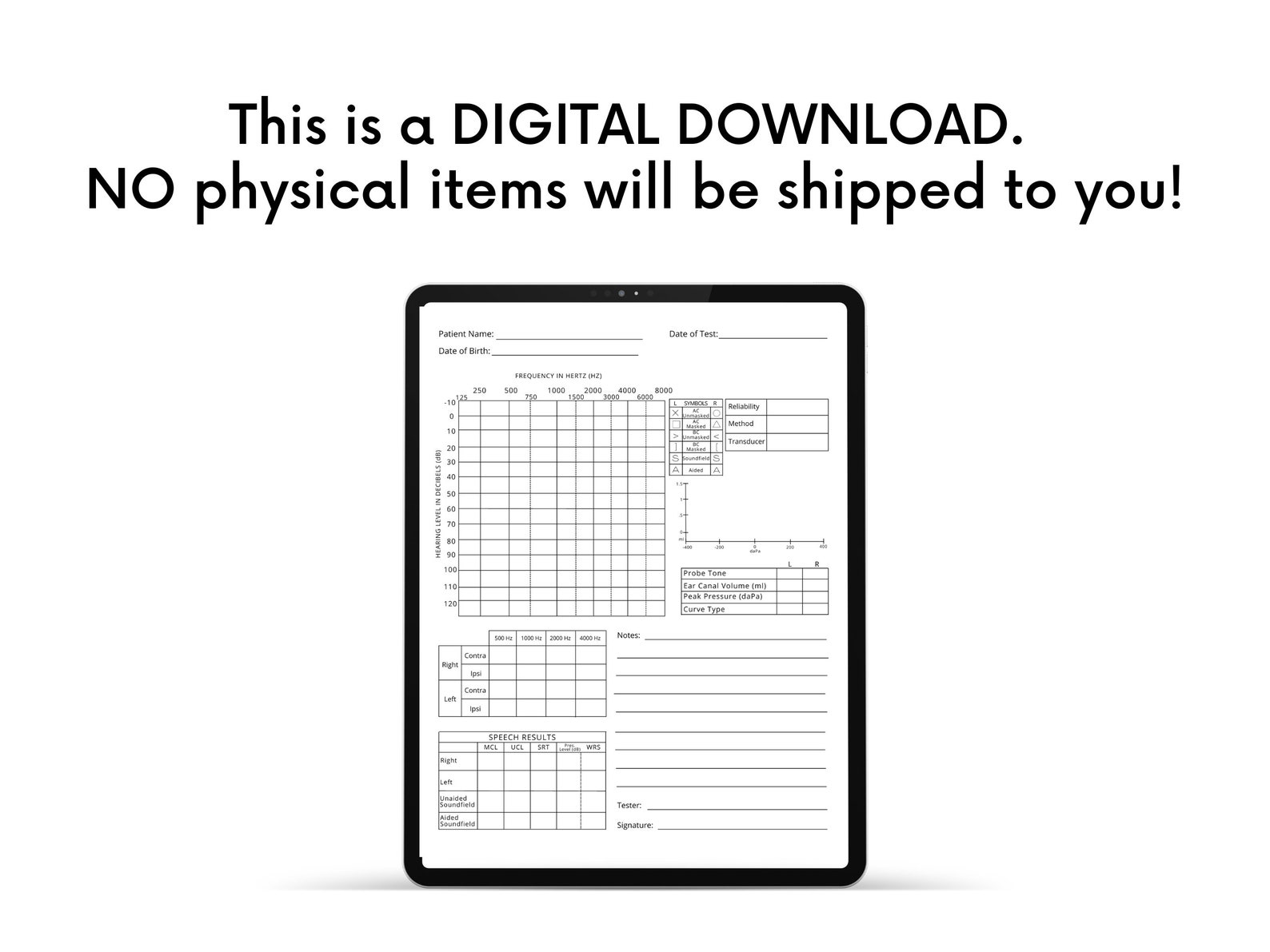 Hearing Test Form Printable: Audiogram, Tympanogram, Speech Test (PDF ...