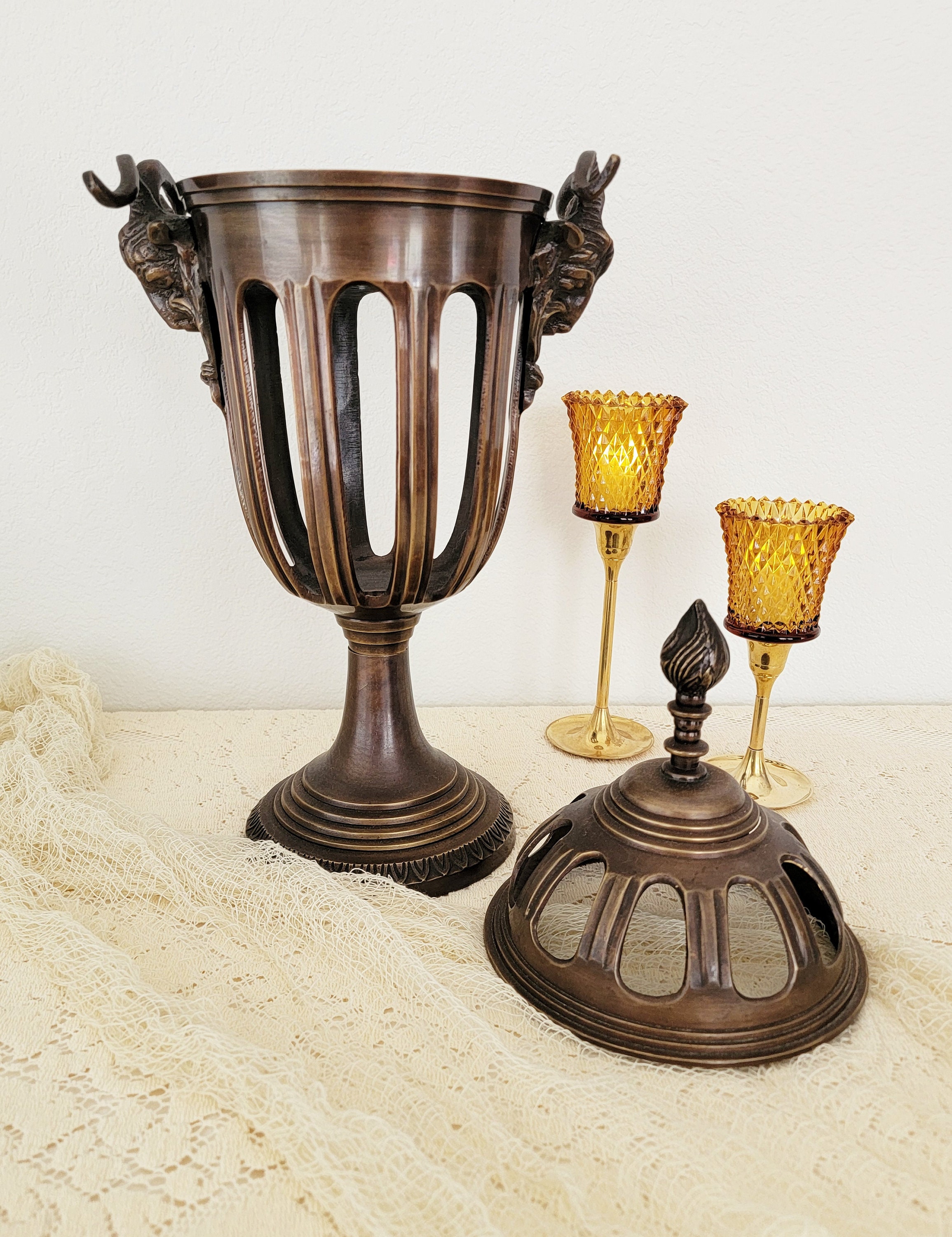 Large Metal Slotted Urn With Ram Goat Head Handles and Flame Finial - Etsy