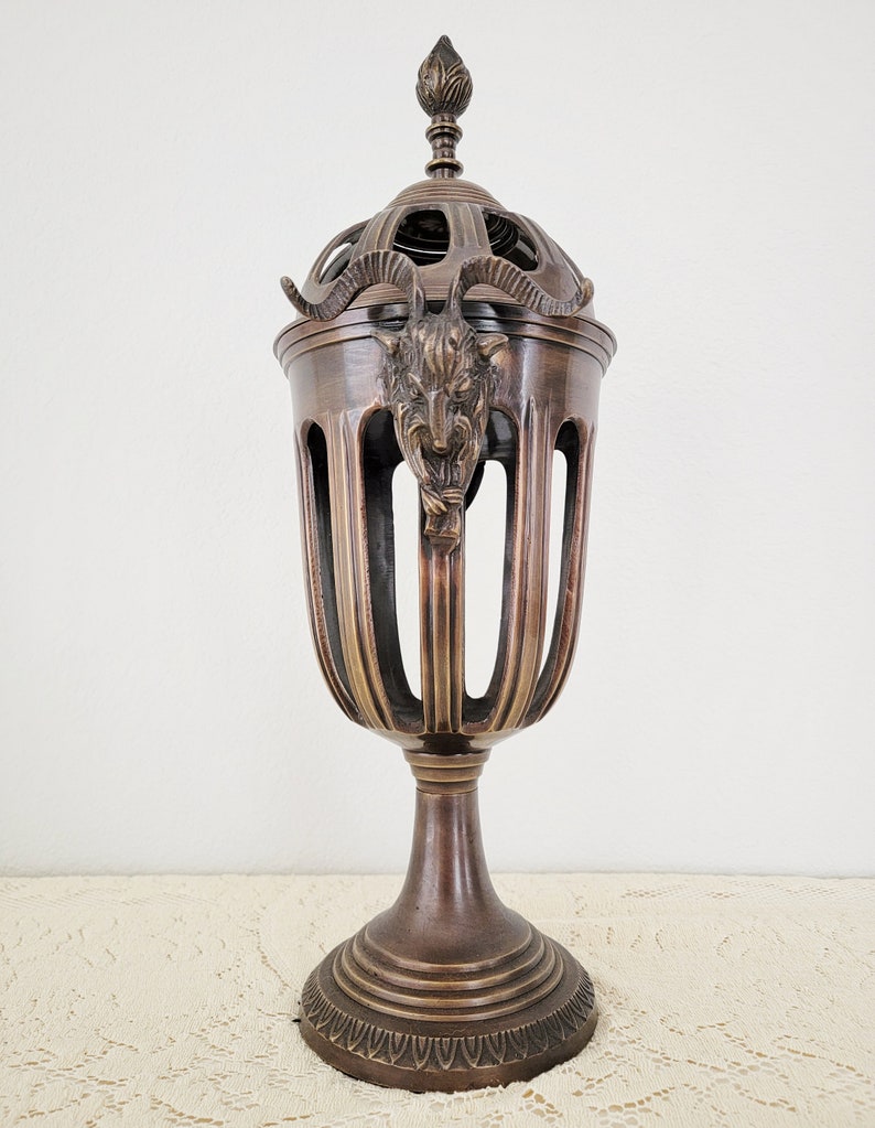 Large Metal Slotted Urn With Ram Goat Head Handles And Flame Finial Etsy