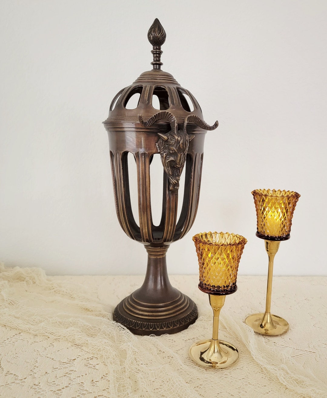 Large Metal Slotted Urn With Ram Goat Head Handles and Flame Finial - Etsy