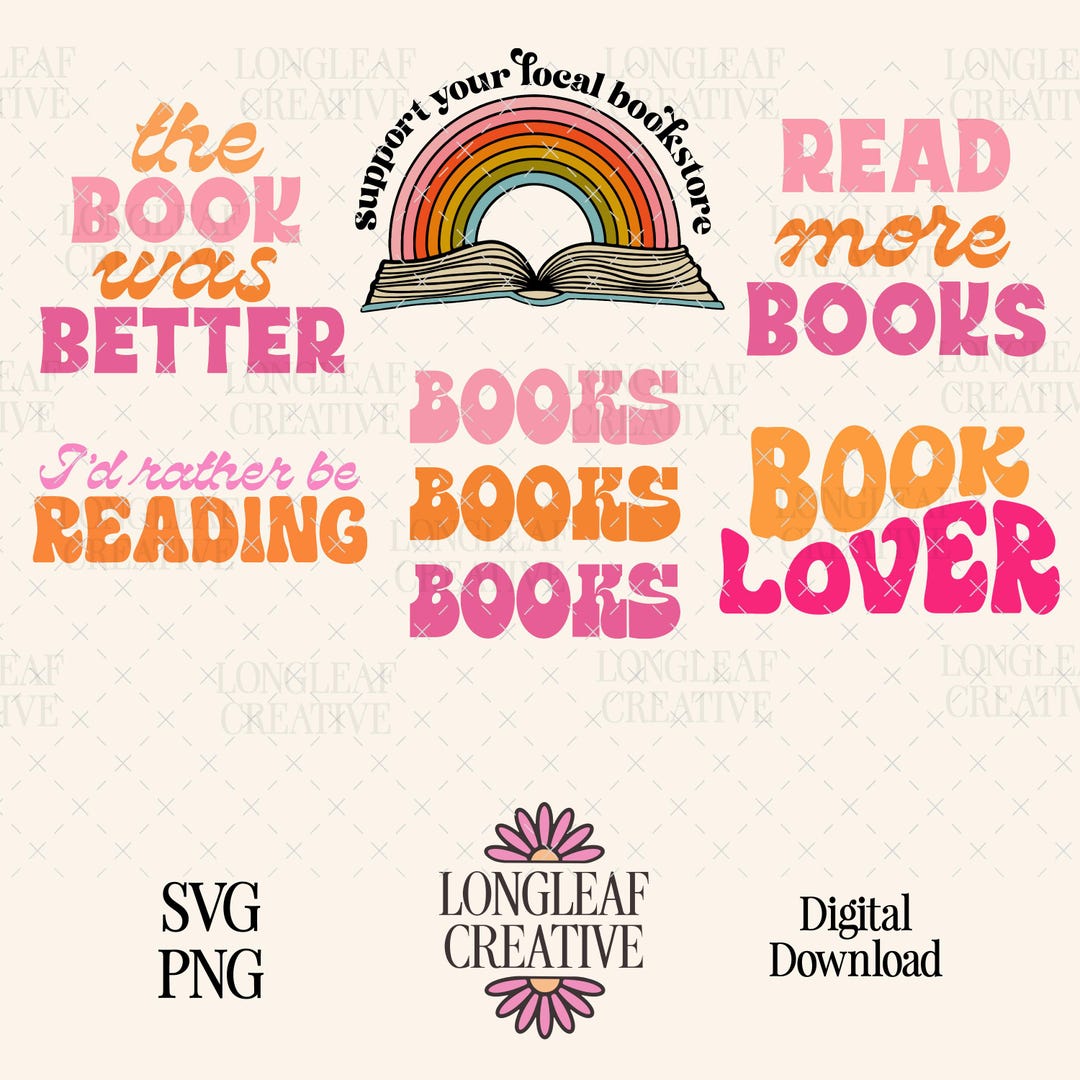 Bookish SVG PNG Bundle 1 Digital Download - Set of 6 Book-themed ...