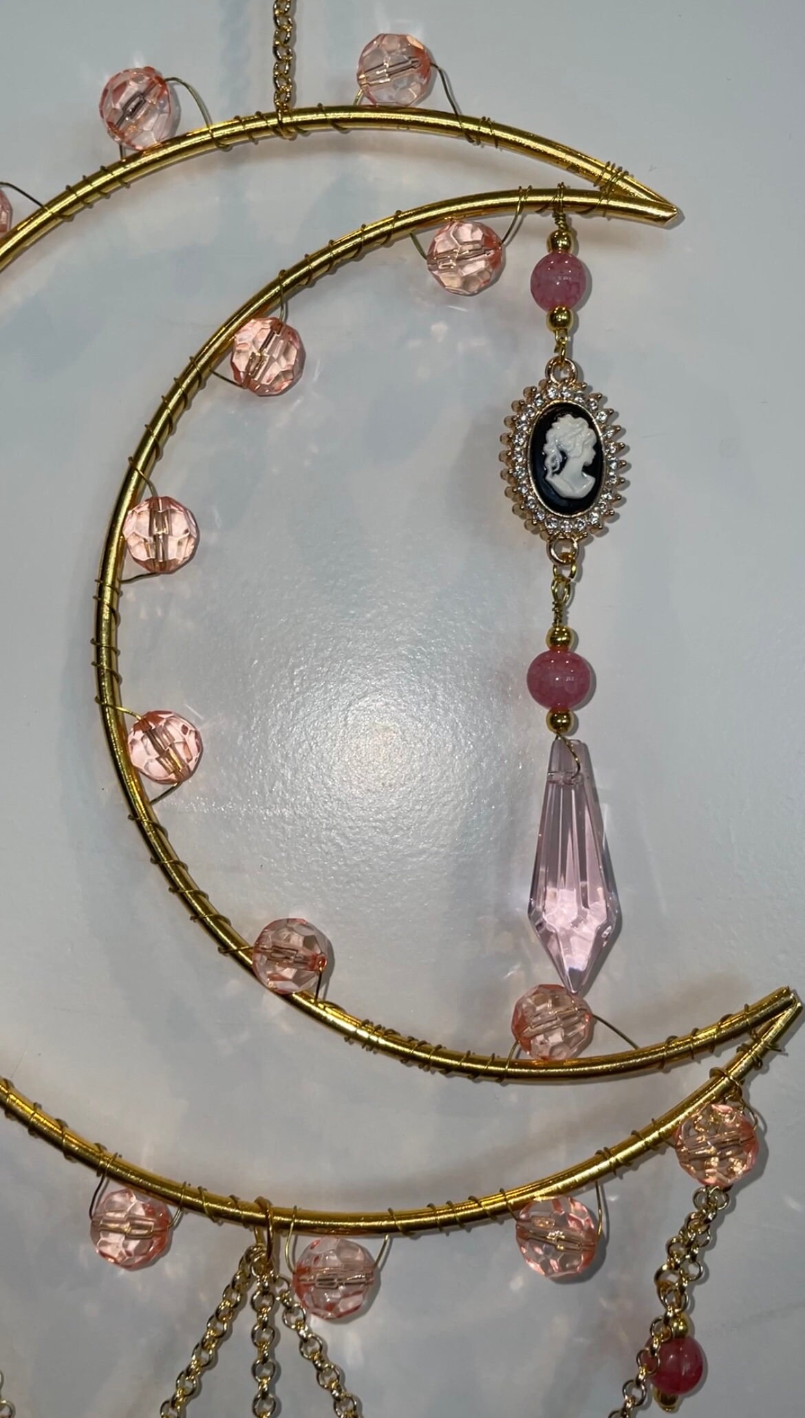 Gold and Pink Crescent Moon Cameo Sun Catcher, Glass Chandelier Beading ...