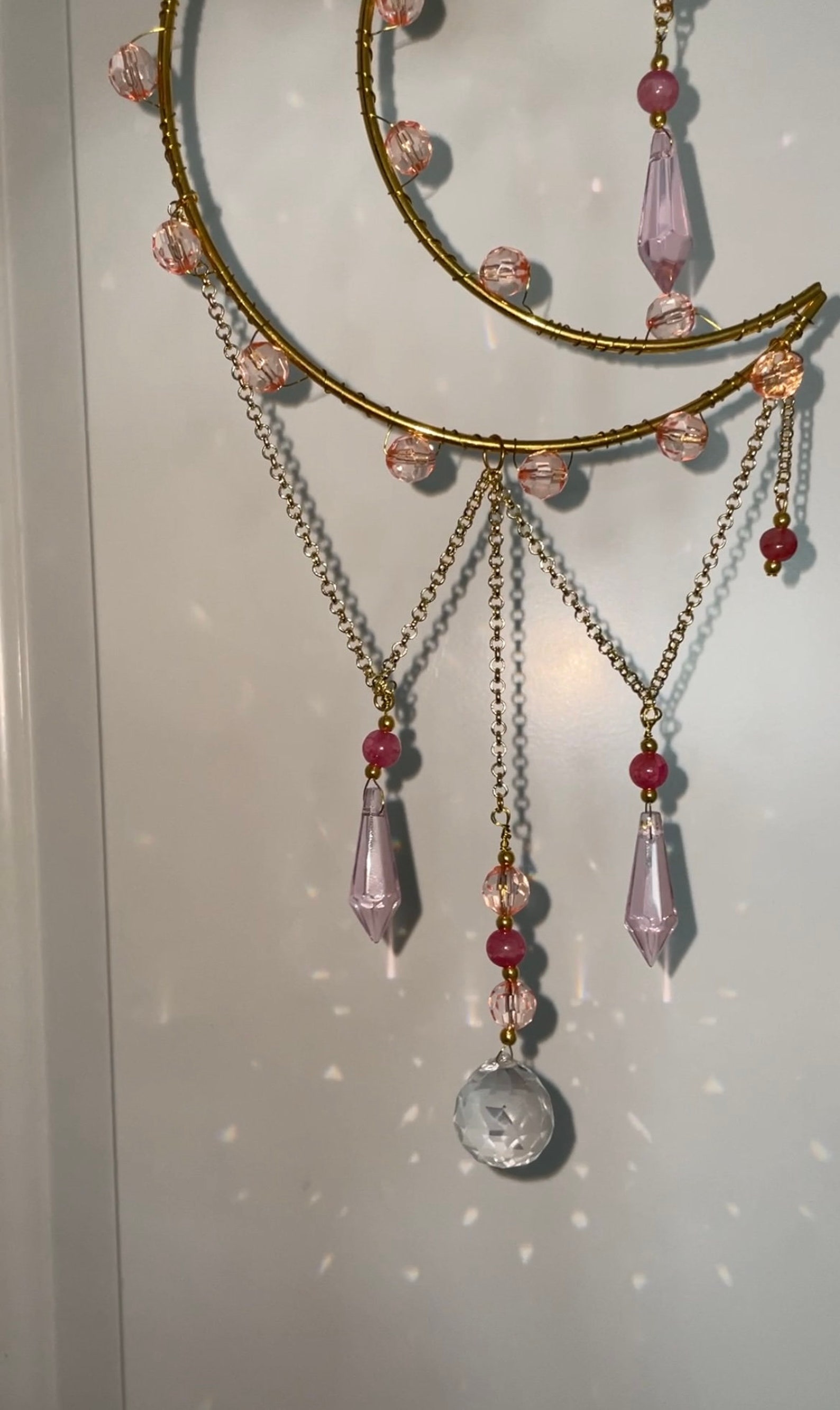 Gold and Pink Crescent Moon Cameo Sun Catcher, Glass Chandelier Beading ...