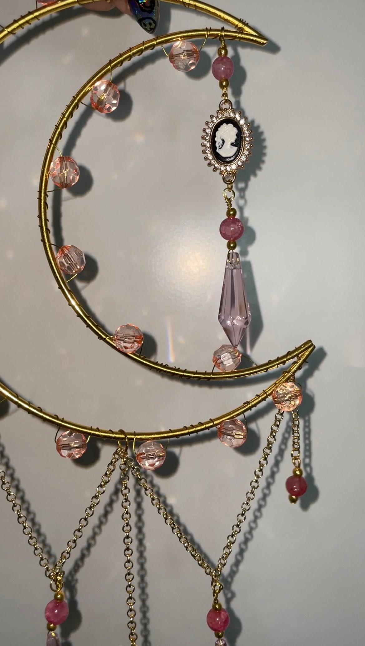 Gold and Pink Crescent Moon Cameo Sun Catcher, Glass Chandelier Beading ...