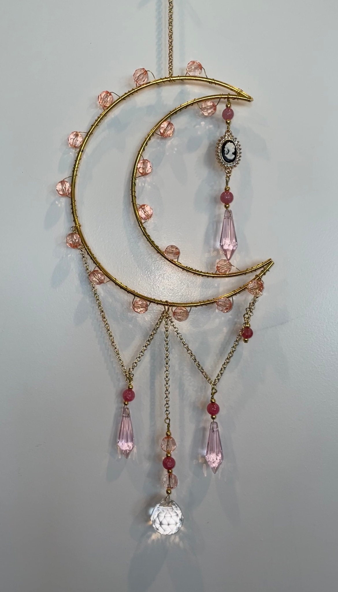 Gold and Pink Crescent Moon Cameo Sun Catcher, Glass Chandelier Beading ...