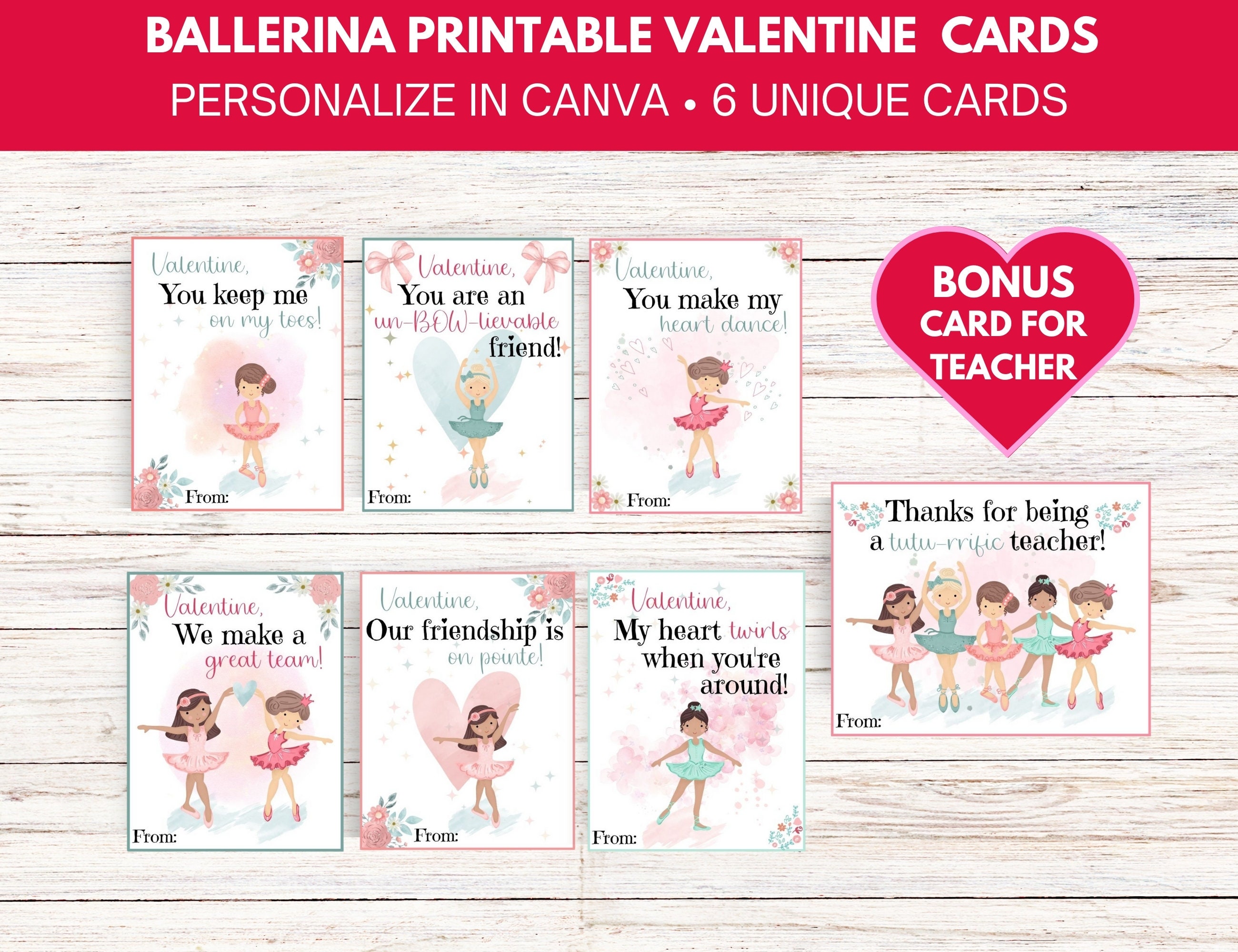 Personalizable Ballerina Valentine's Day Cards set of 6 Bonus Teacher ...