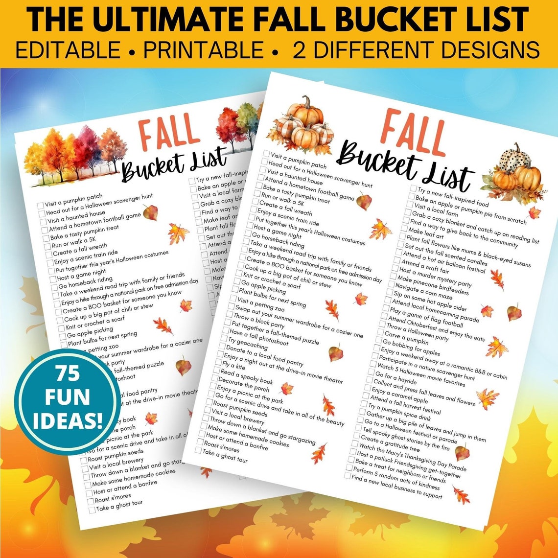 Editable Fall Bucket List | Printable Autumn Bucket List | Fall Bucket ...