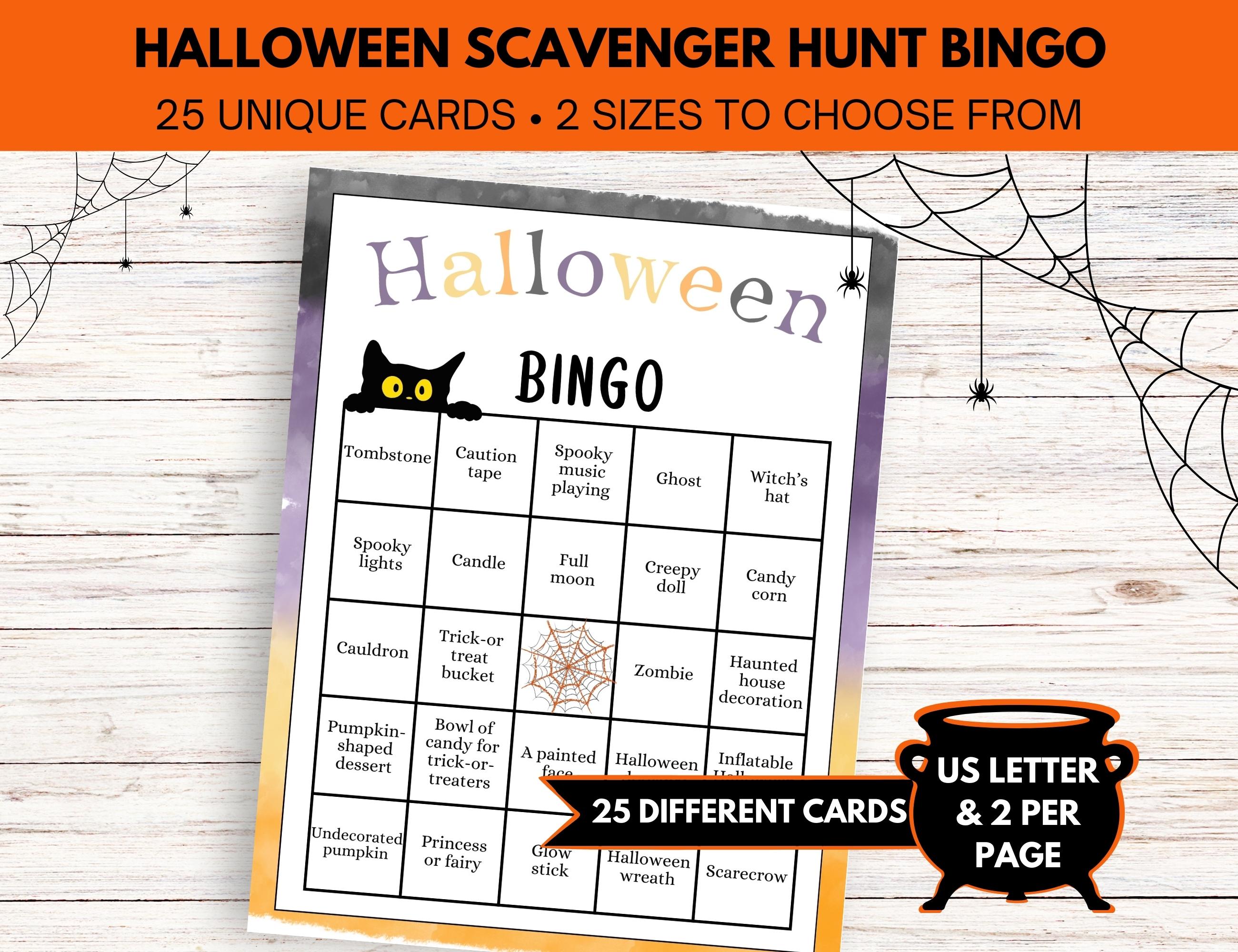 Halloween Scavenger Hunt Bingo W/ 25 Unique Cards for Adults, Teens ...