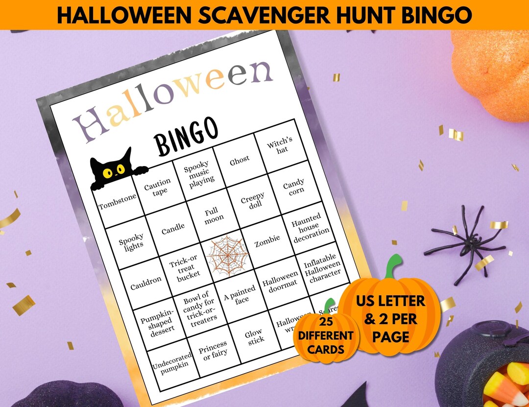 Halloween Scavenger Hunt Bingo W/ 25 Unique Cards for Adults, Teens ...