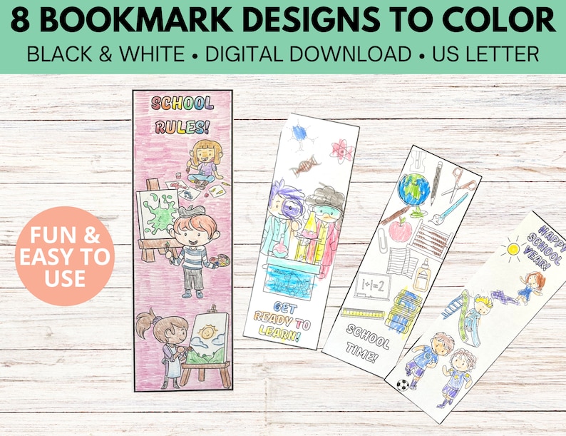 Back to School Printable Coloring Bookmarks With 8 Designs | First Day ...