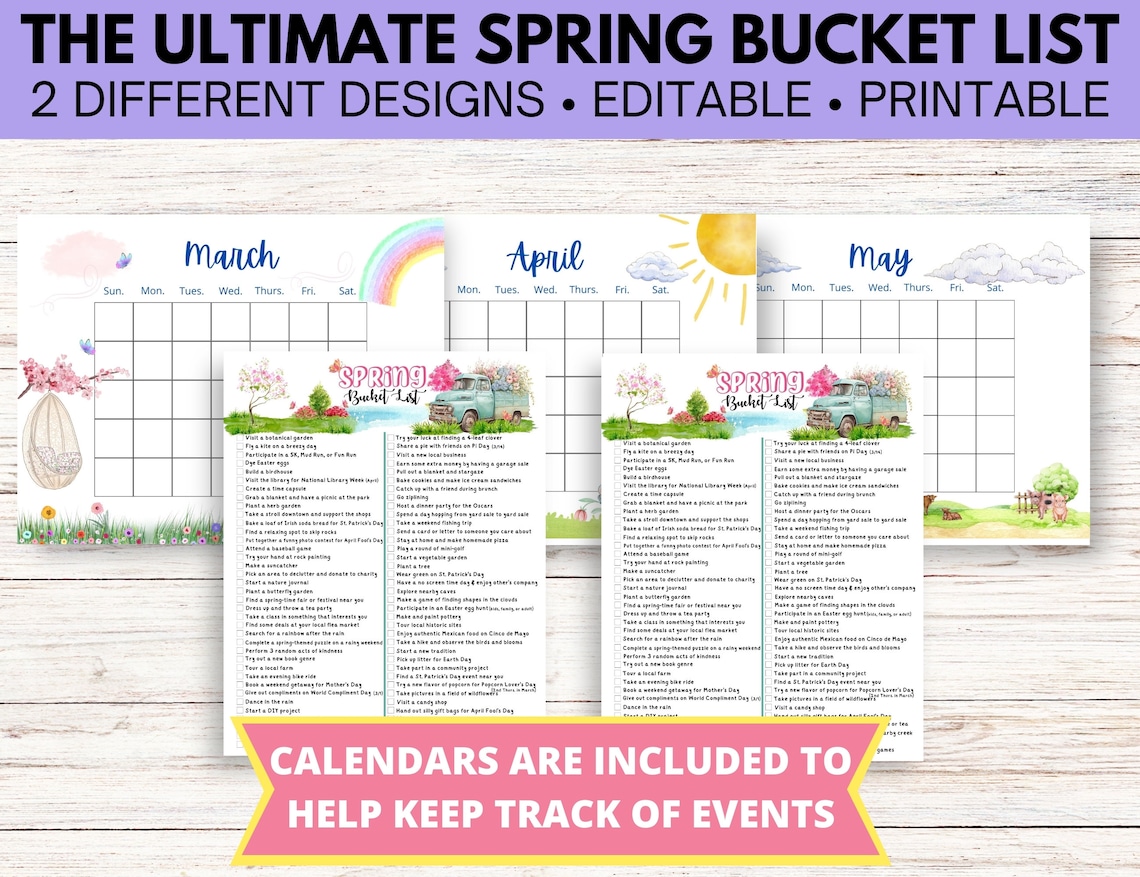 Editable Spring Bucket List With FREE Seasonal Calendars | Printable ...