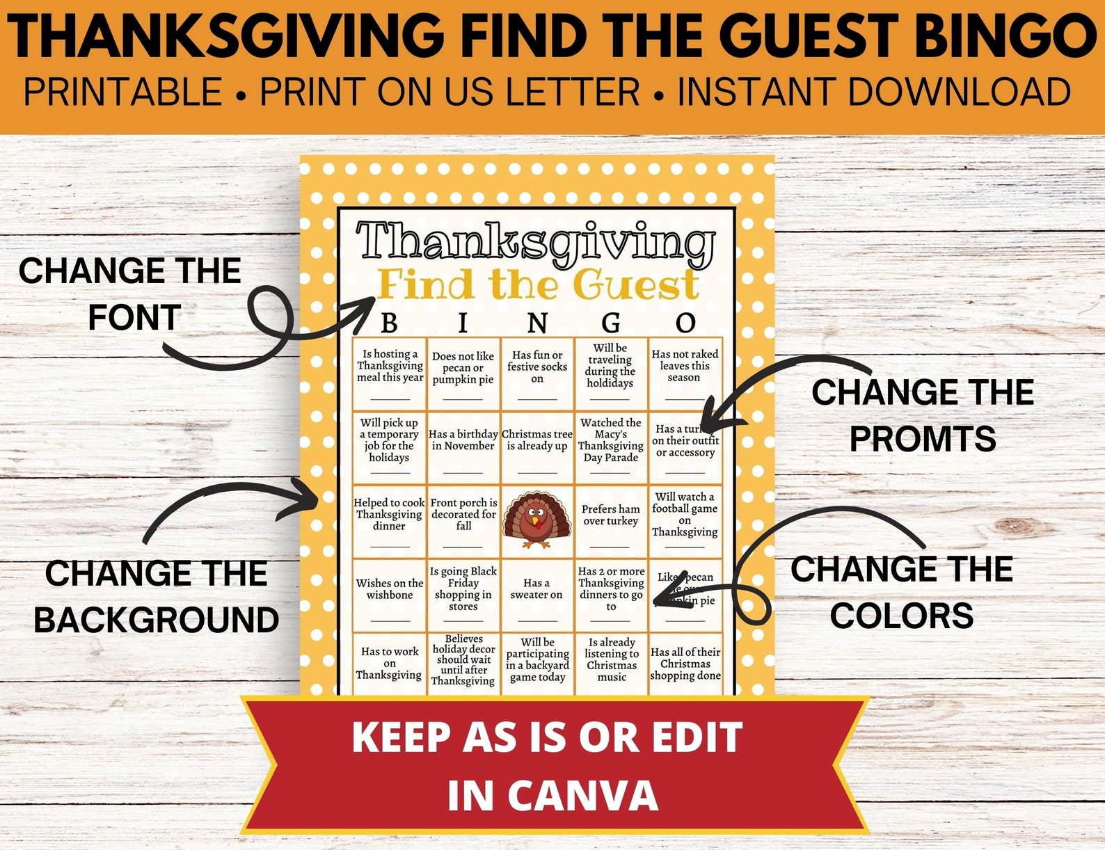 Editable Thanksgiving Find the Guest Bingo | Thanksgiving Human Bingo ...