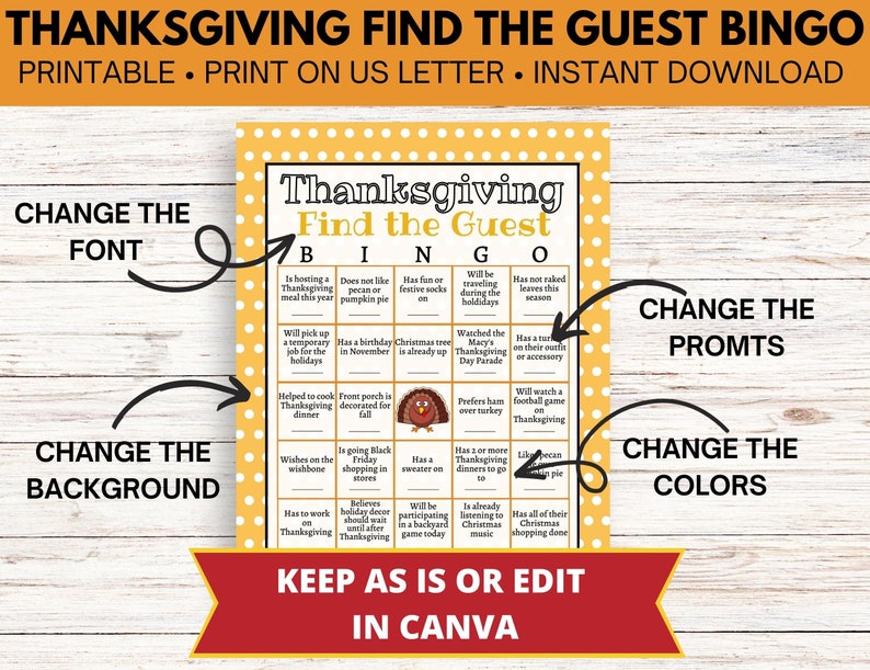Editable Thanksgiving Find the Guest Bingo | Thanksgiving Human Bingo ...
