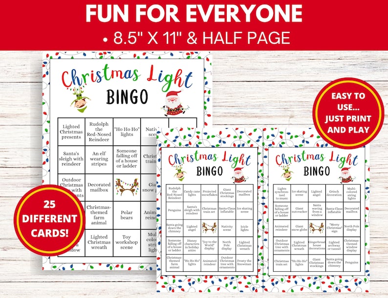 Christmas Light Bingo With 25 Cards | Printable Christmas Party Game ...