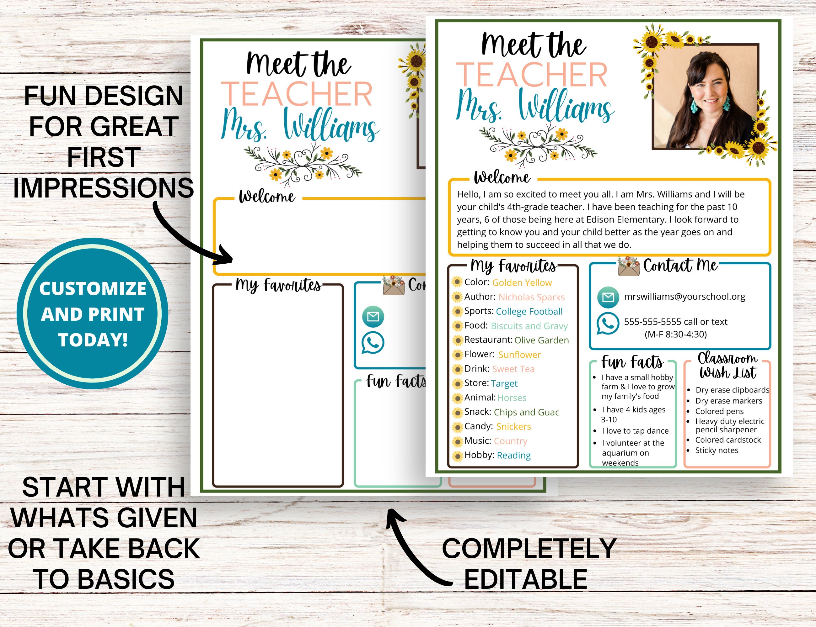 Sunflower Meet the Teacher Editable Template Back to School Printable ...