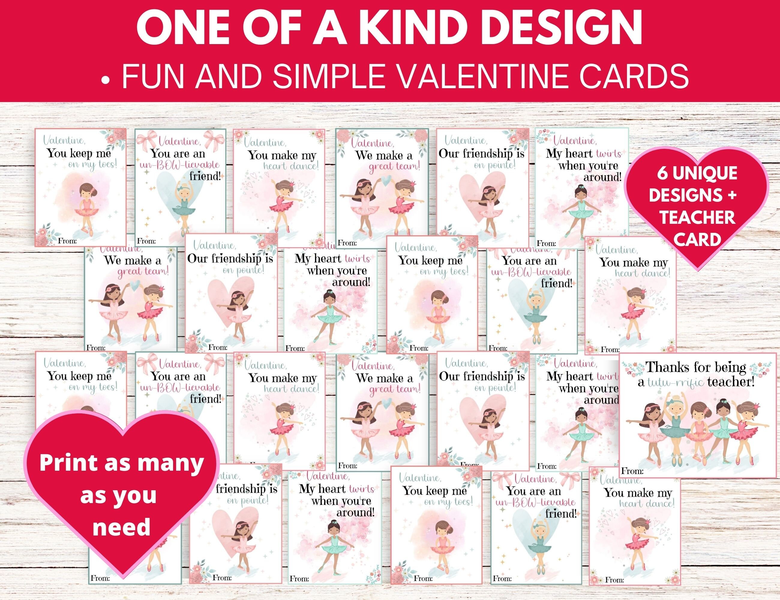 Personalizable Ballerina Valentine's Day Cards set of 6 Bonus Teacher ...