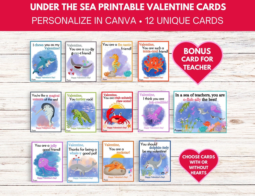 Personalizable Under the Sea Kids Valentine Cards | Set of 12 + Teacher ...