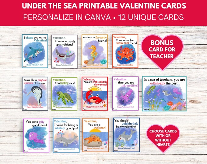 Under the Sea Valentines Day Cards, Printable DIY Card, Classroom ...