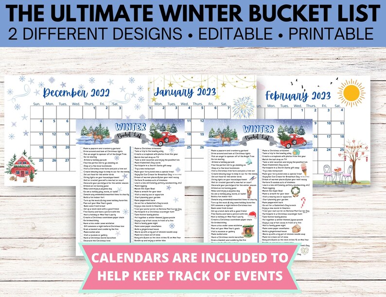Editable Winter Bucket List With FREE Seasonal Calendars - Etsy