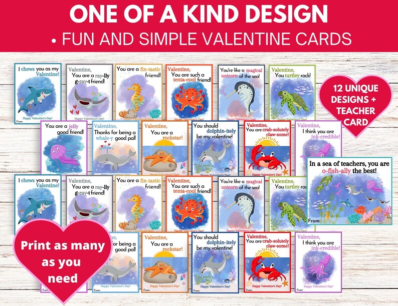 Personalizable Under the Sea Kids Valentine Cards | Set of 12 + Teacher ...