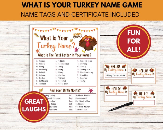 What's Your Turkey Name Game, Thanksgiving Game Printable, Thanksgiving ...