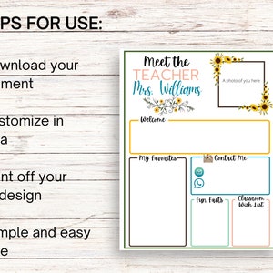Sunflower Meet the Teacher Editable Template | Back to School Printable ...