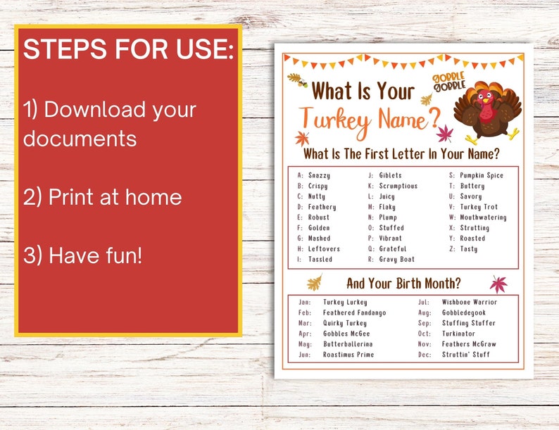 What's Your Turkey Name Game Printable Family Thanksgiving Game ...