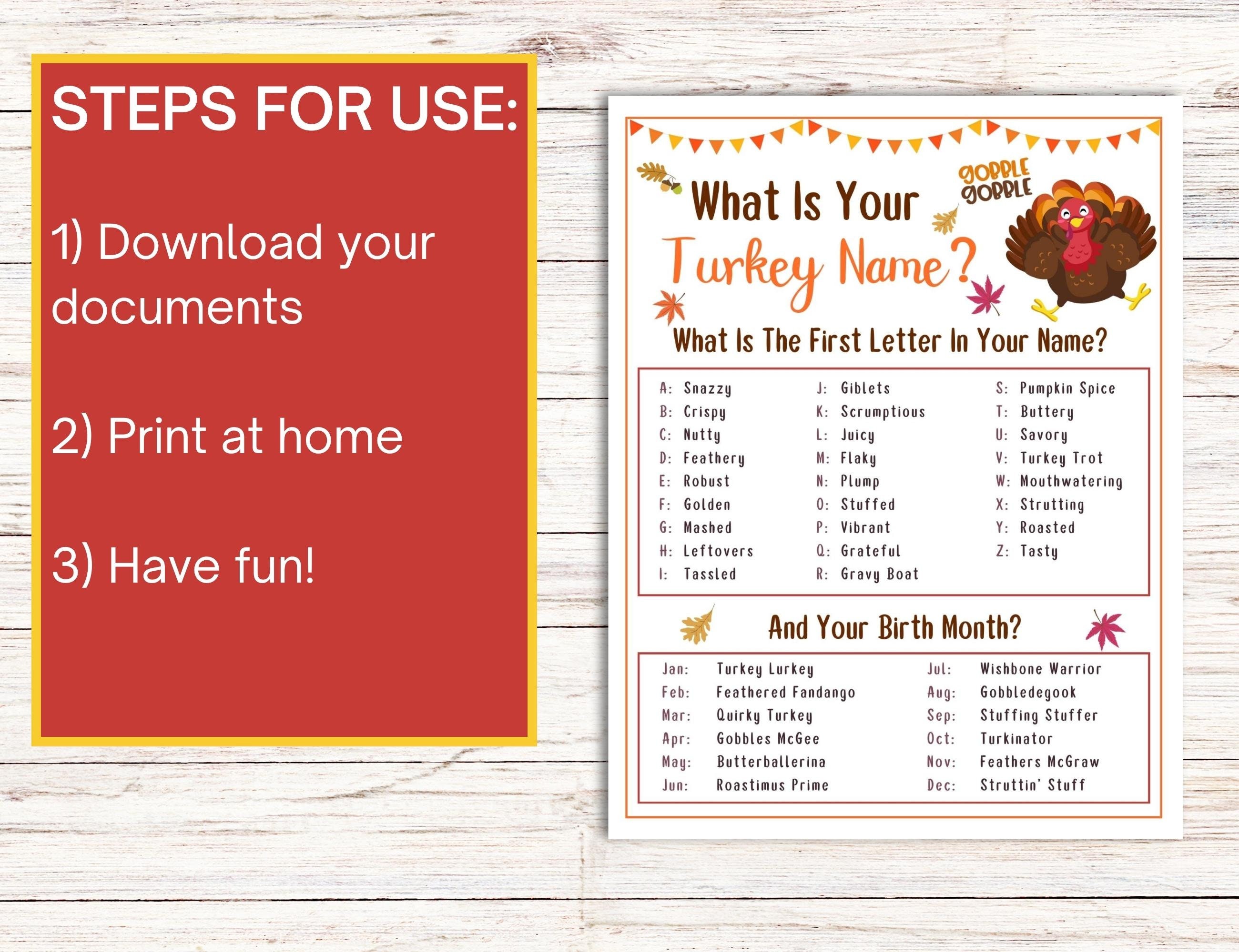 What's Your Turkey Name Game Printable Family Thanksgiving Game ...