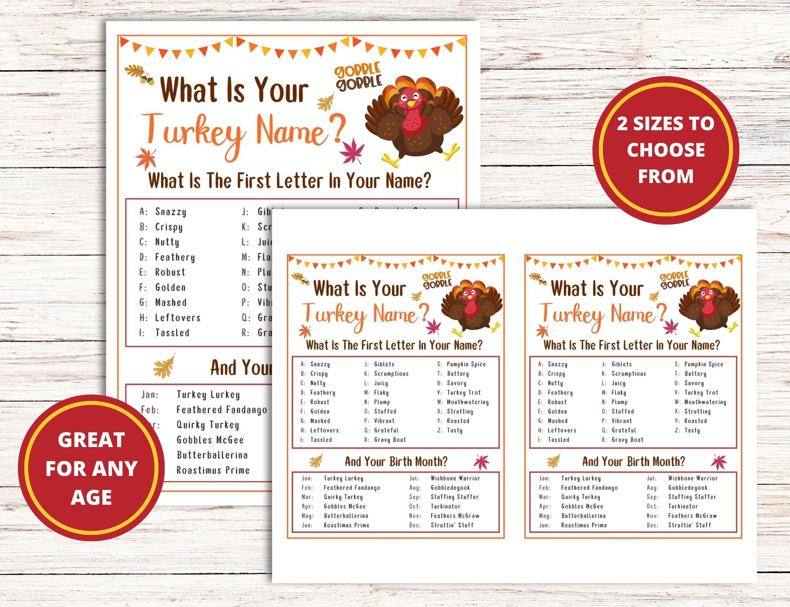 What's Your Turkey Name Game Printable Family Thanksgiving Game ...