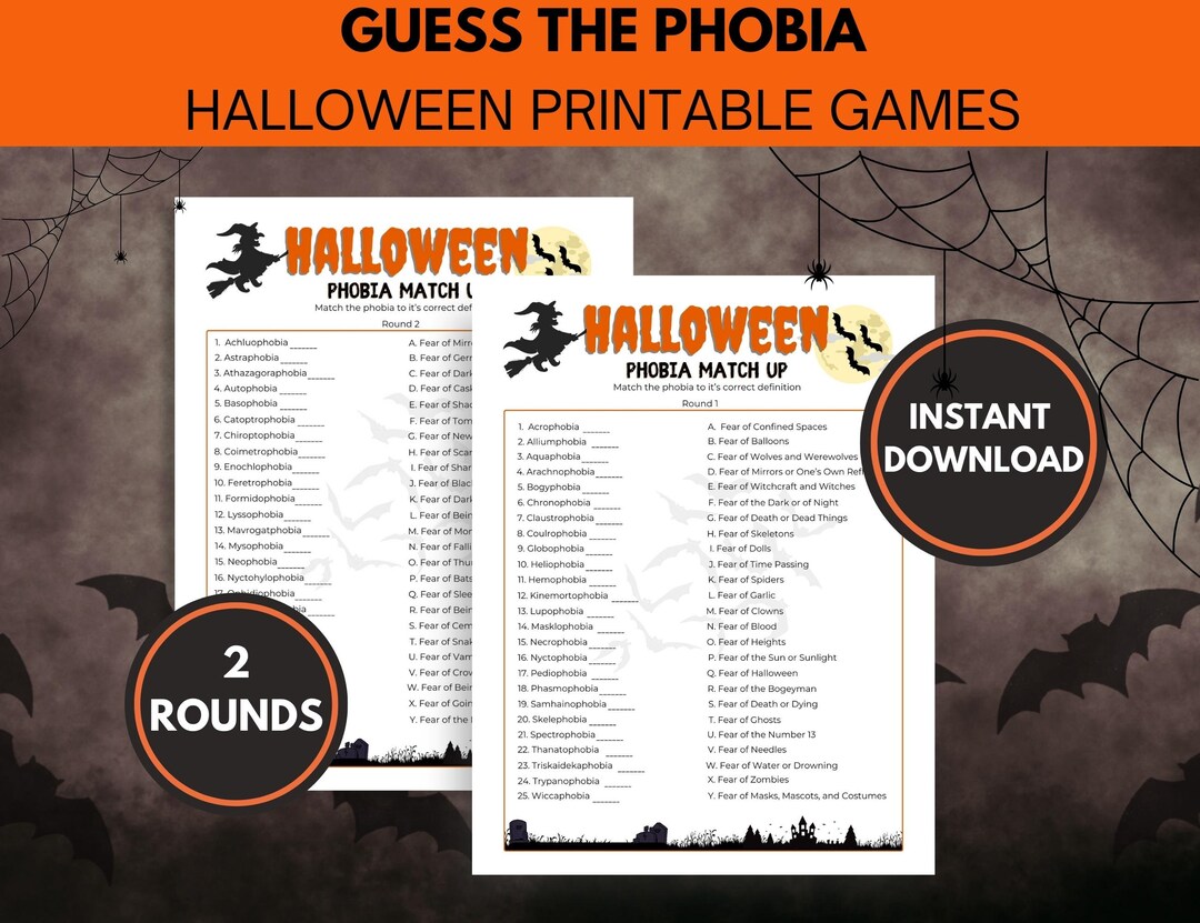 Phobia Match up Printable Halloween Game for Adults & Teens | Halloween ...