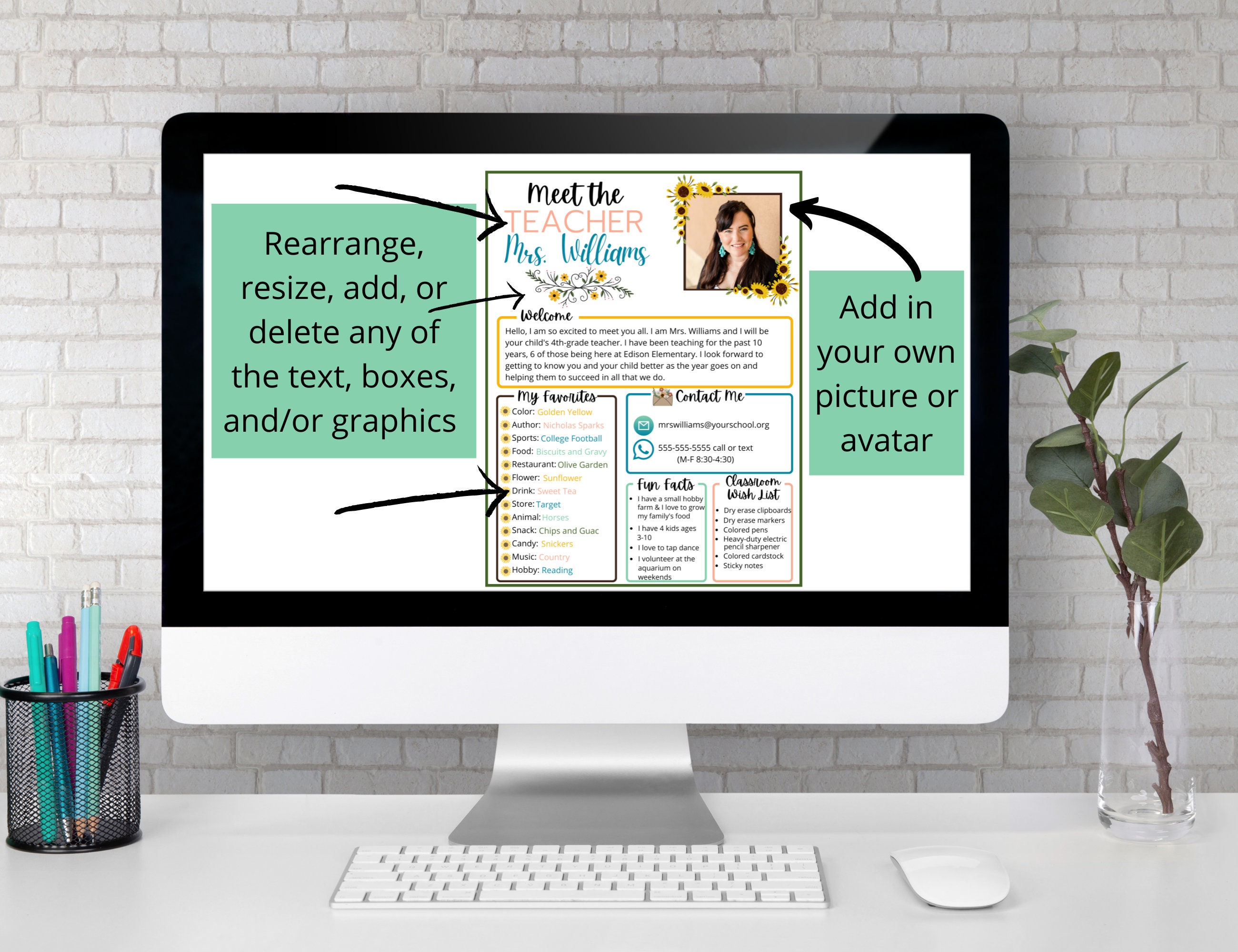 Sunflower Meet the Teacher Editable Template | Back to School Printable ...