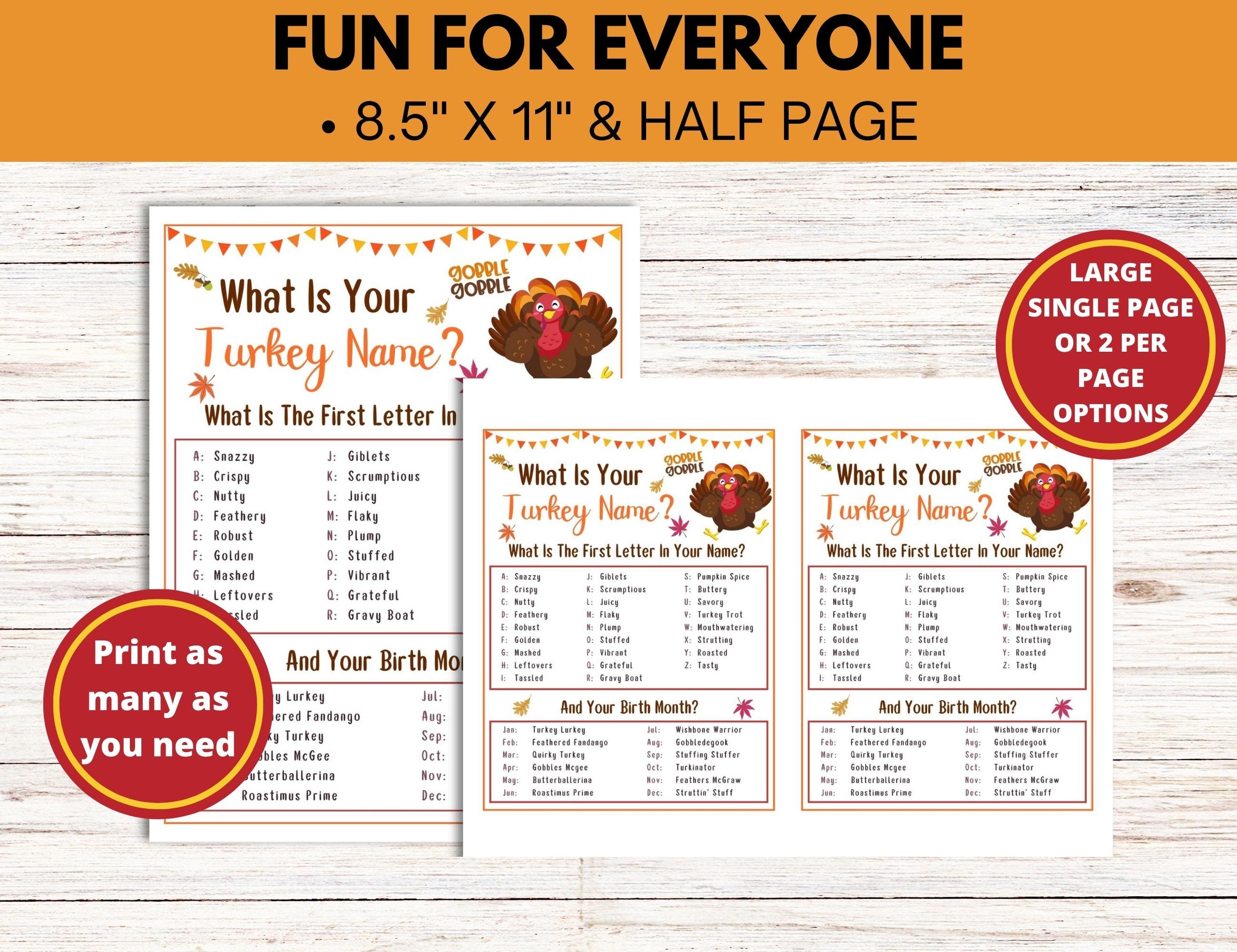 What's Your Turkey Name Game | Printable Family Thanksgiving Game ...