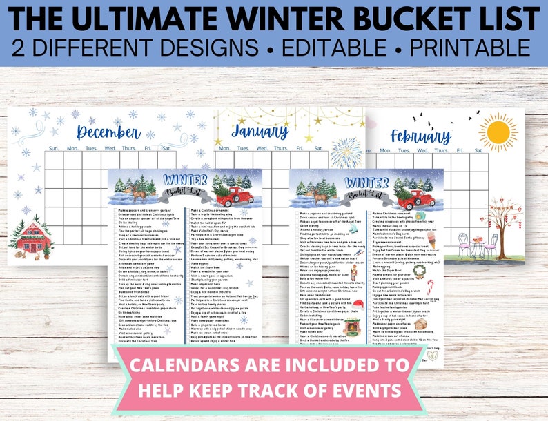 Editable Winter Bucket List With FREE Seasonal Calendars | Printable ...