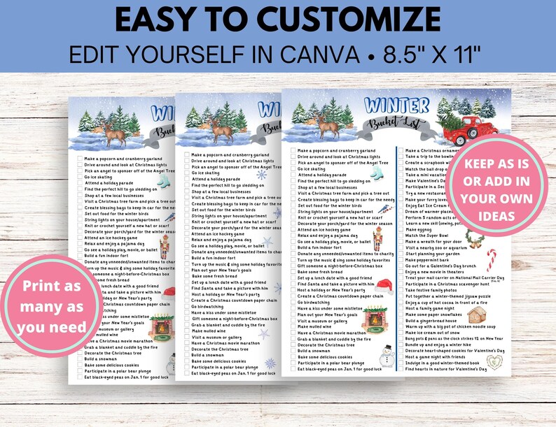 Editable Winter Bucket List With FREE Seasonal Calendars - Etsy