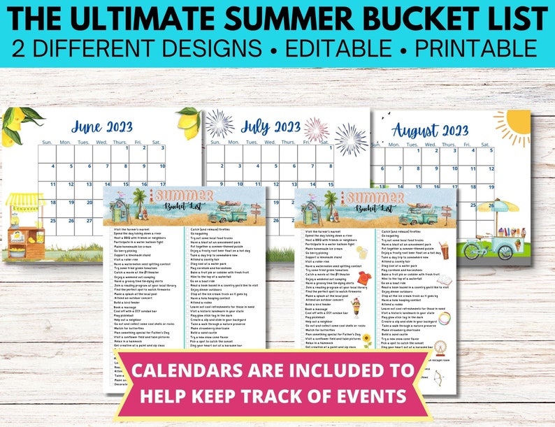 Editable Summer Bucket List With FREE Seasonal Calendars | Printable ...