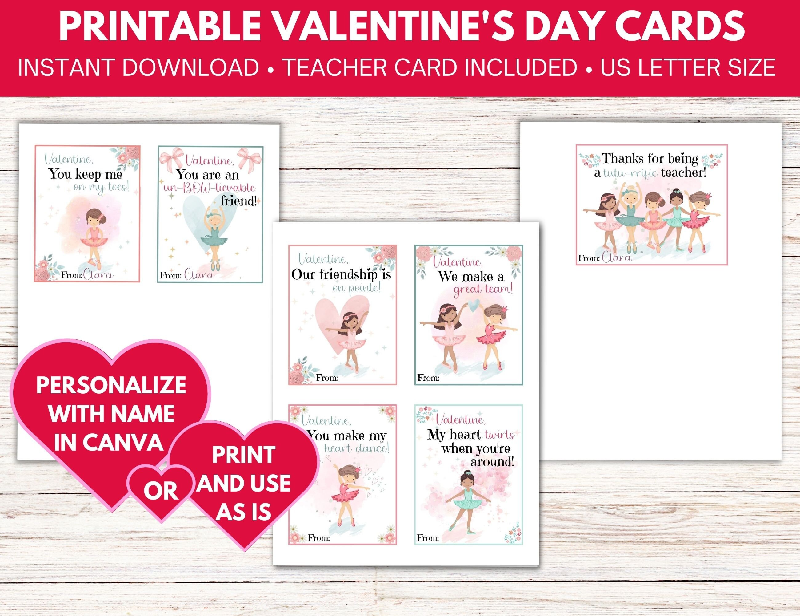 Personalizable Ballerina Valentine's Day Cards set of 6 Bonus Teacher ...