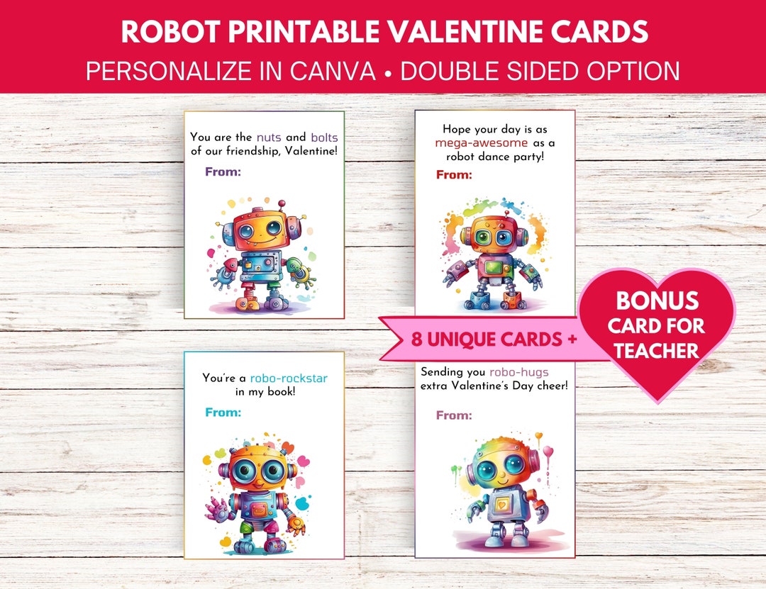 Personalizable Rainbow Robot Valentine's Day Cards (set of 8 + Teacher ...