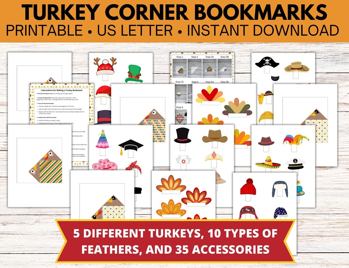 Printable Turkey Corner Bookmarks for Thanksgiving – DIY Origami Kit ...
