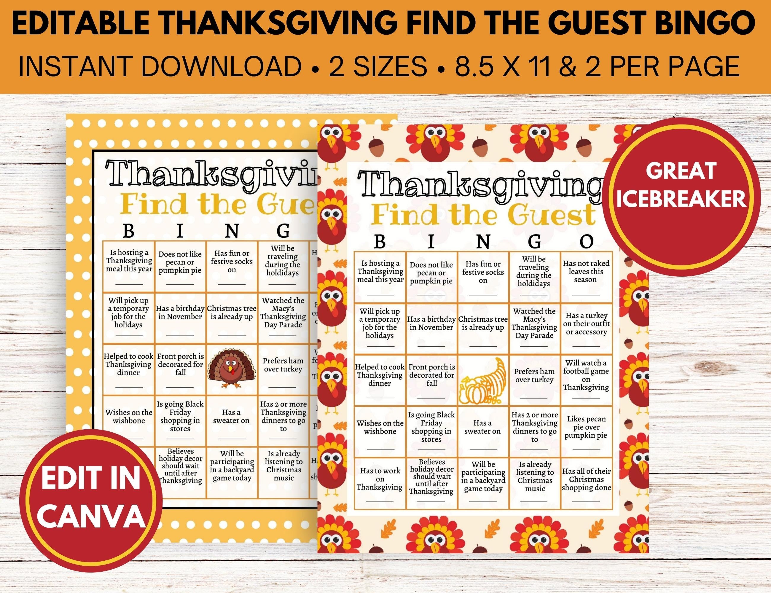 Editable Thanksgiving Find the Guest Bingo | Thanksgiving Human Bingo ...