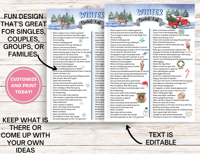 Editable Winter Bucket List With FREE Seasonal Calendars - Etsy