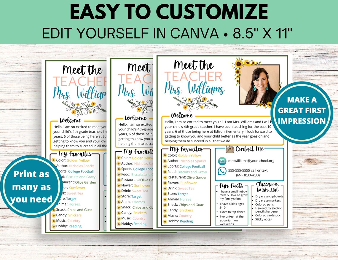 Sunflower Meet the Teacher Editable Template Back to School Printable ...