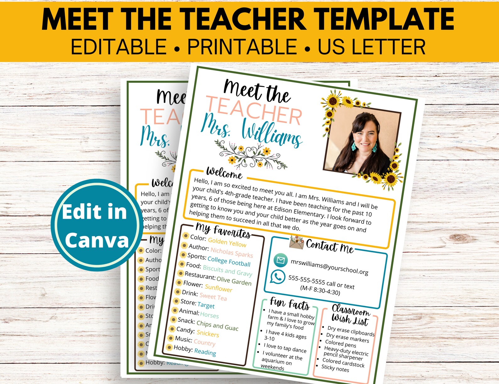 Sunflower Meet the Teacher Editable Template | Back to School Printable ...